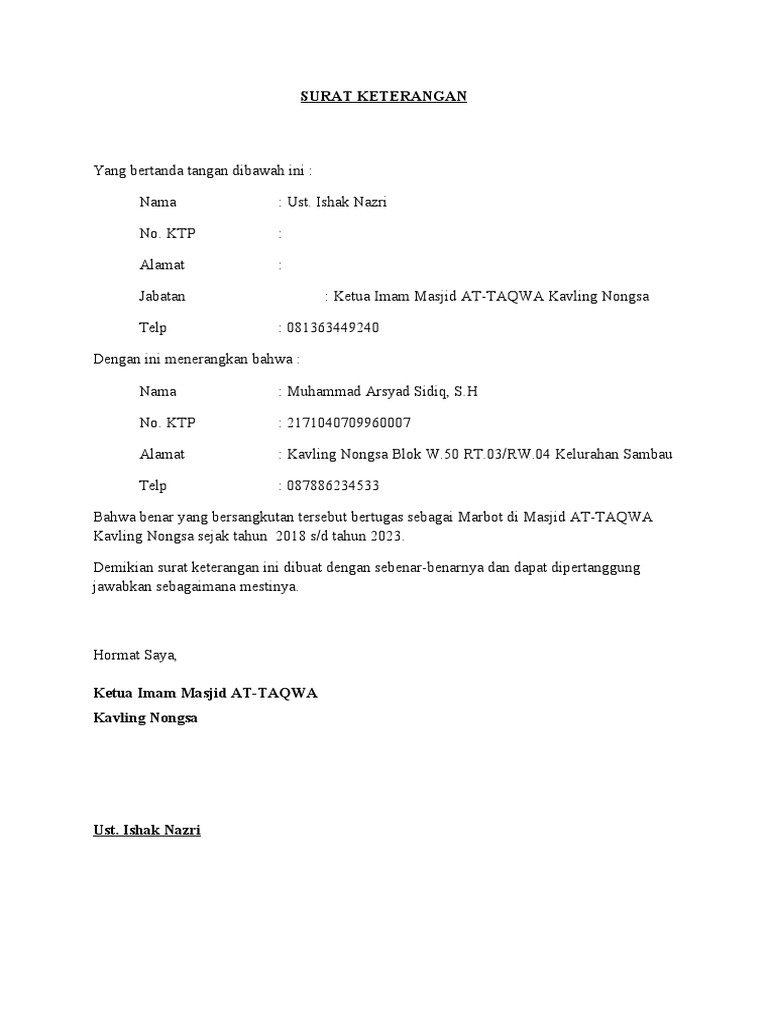 Surat Keterangan Marbot | PDF