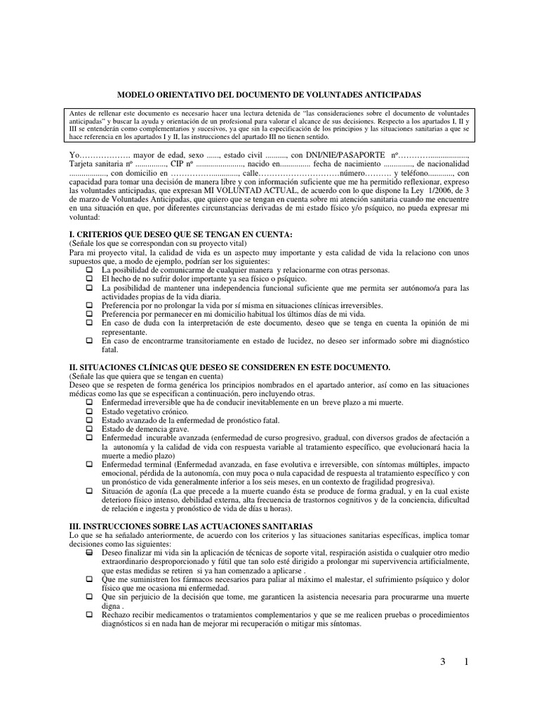 Modelo de Testamento Vital en PDF | PDF | Cuidado de la salud ...