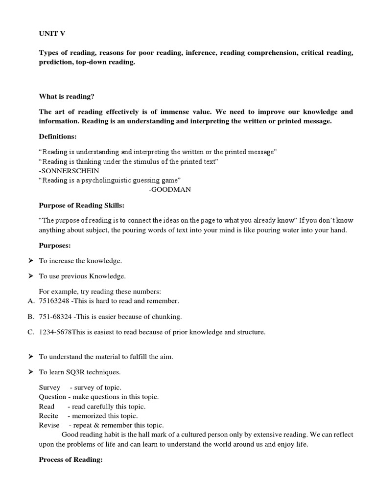 UNIT V.. Reading Skills | PDF