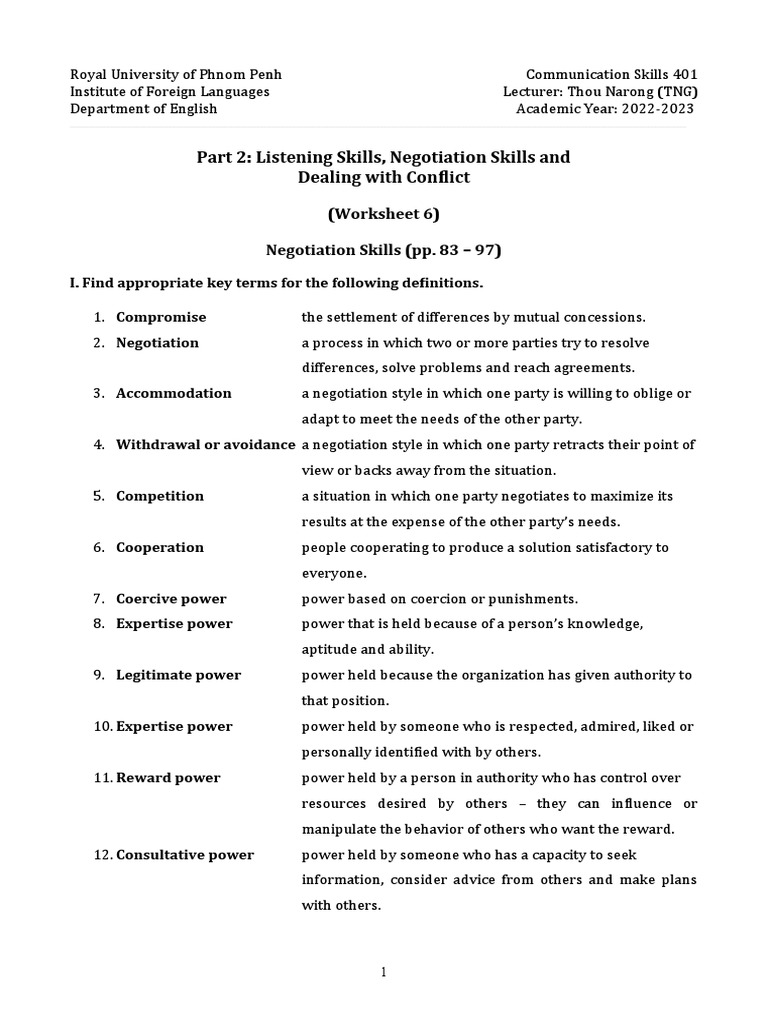 Part 2-Worksheet 6-Negotiation Skills-2022-23 | PDF | Negotiation ...