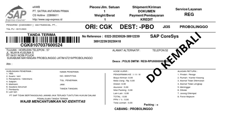 Ori: CGK Dest: - Pbo: JI35 Probolinggo Tanda Terima | PDF