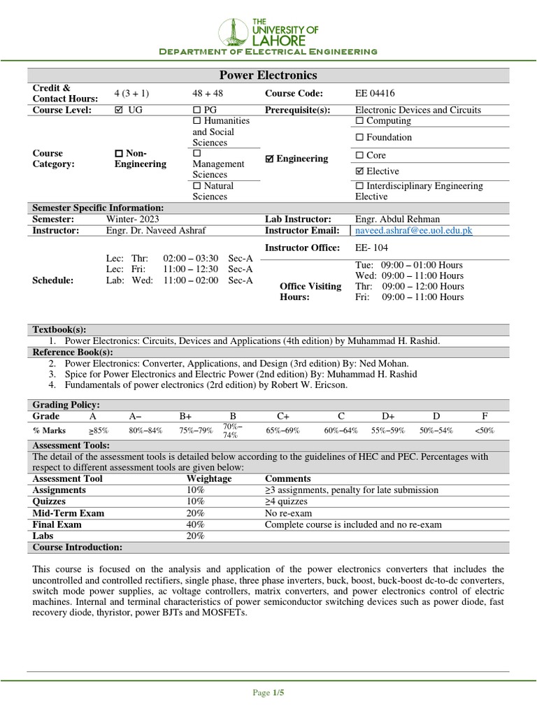 Course Outline Winter-2023 | PDF | Power Electronics | Rectifier