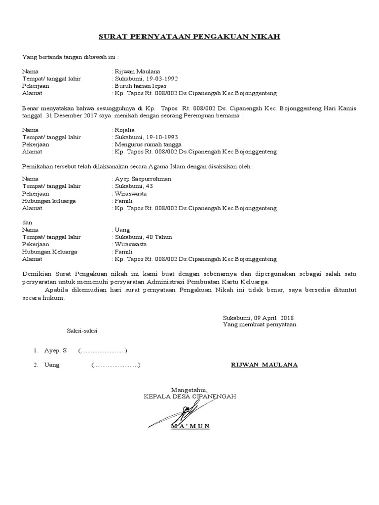 Surat Pernyataan Pengakuan Nikah: Ma'Mun | PDF
