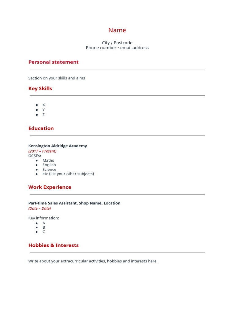 GCSE Student CV Template Guide | PDF