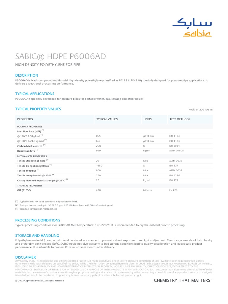 SABIC® HDPE - P6006AD - Global - Technical - Data - Sheet | PDF | Chemistry | Building Materials