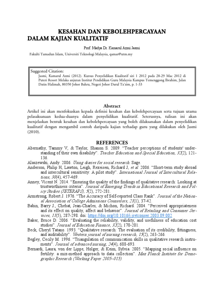 Kesahan Dan Kebolehpercayaan Dalam Kajian Kualitatif | PDF