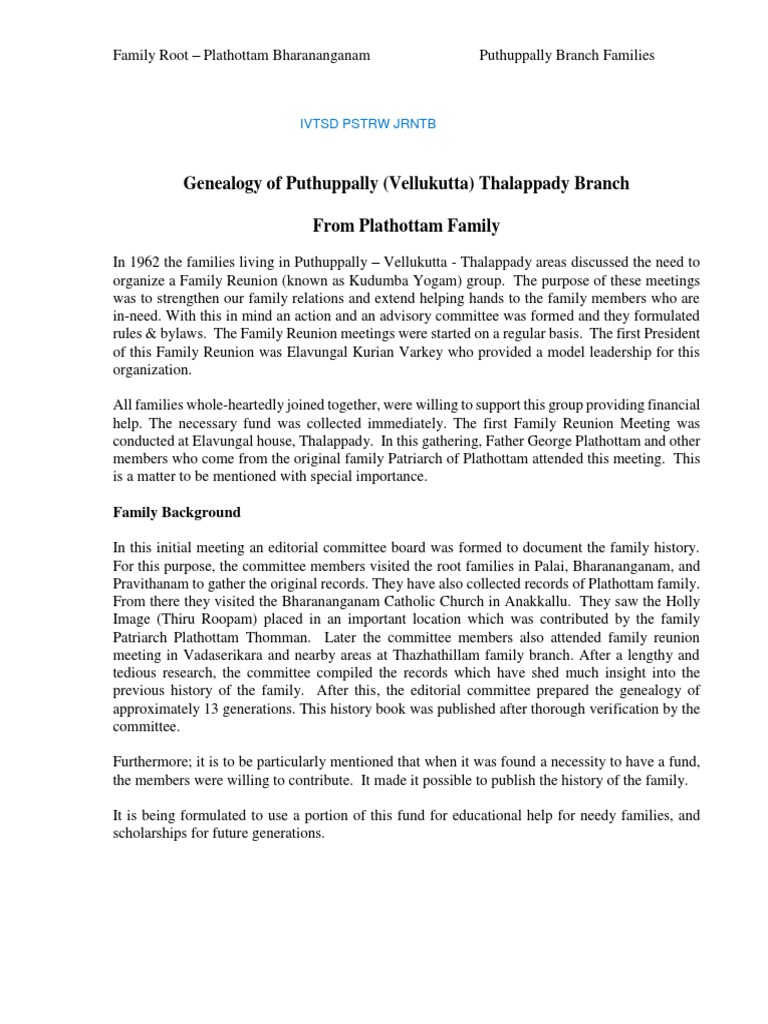 Plathottam Family History Overview | PDF