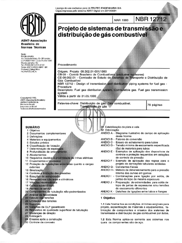 NBR 12712-Projeto Sistemas Gás Combustivel | PDF
