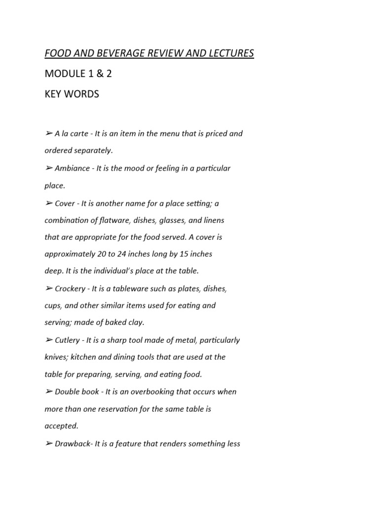 Module 1 & 2 Key Words: Food and Beverage Review and Lectures | PDF ...