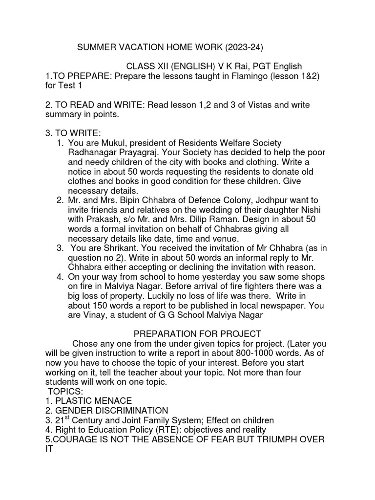 Summer Vacation Project Guidelines | PDF