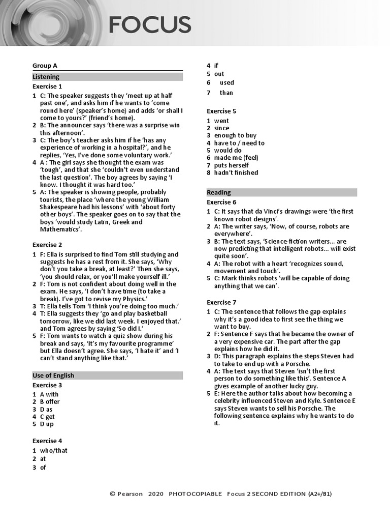 Focus2 2E End of Year Test Listening UoE Reading GroupA B ANSWERS | PDF