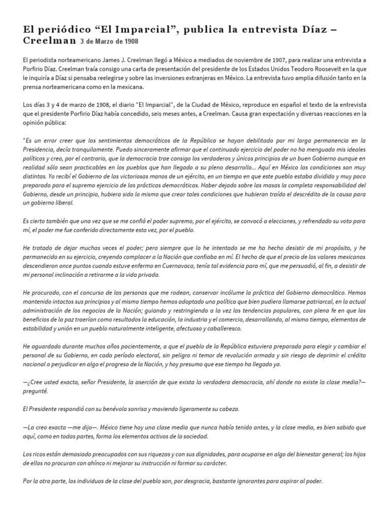 Entrevista Díaz-Creelman 1908 | PDF | Democracia | Ideologías políticas