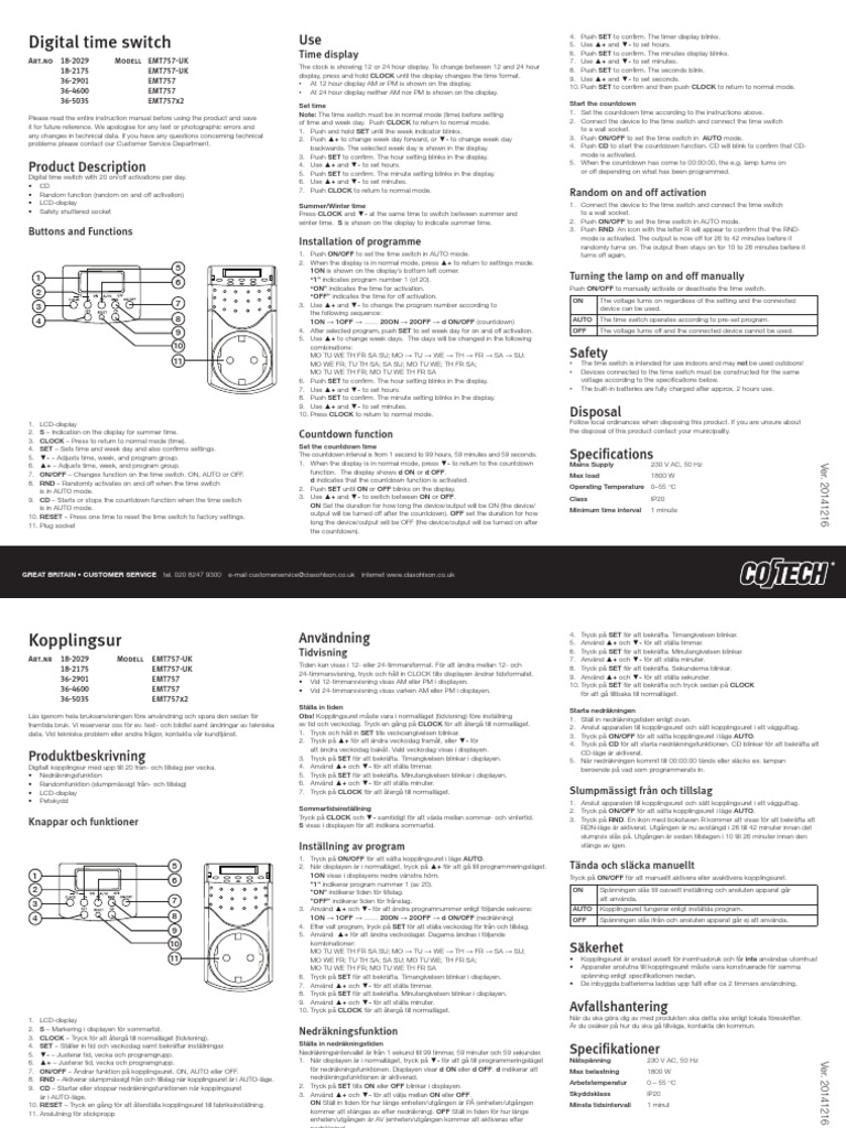 EMT757 Digital Timer User Manual | PDF | Switch | Clock