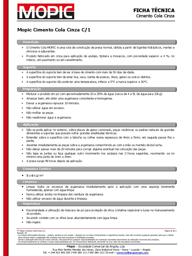Cimento Cola Cinza Mopic: Ficha Técnica | PDF | Cimento | Argamassa ...