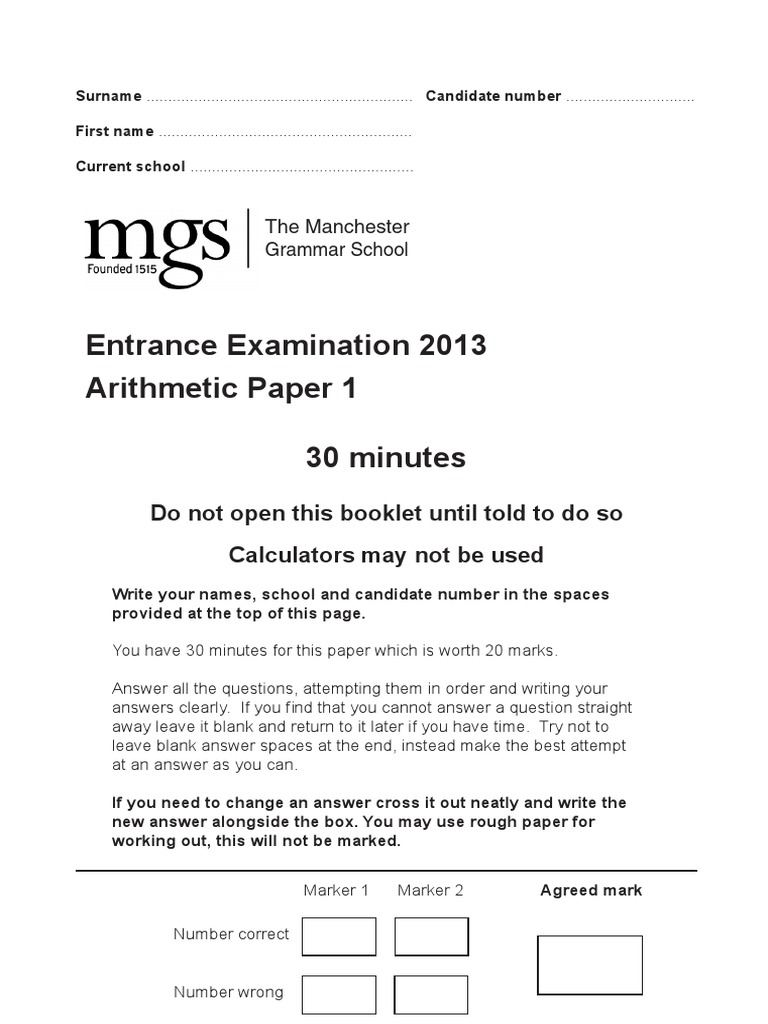 Arithmetic Paper 1 A4 | PDF