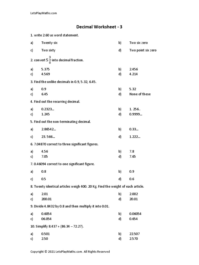 Decimals Worksheet 3 | PDF | Notation | Encodings
