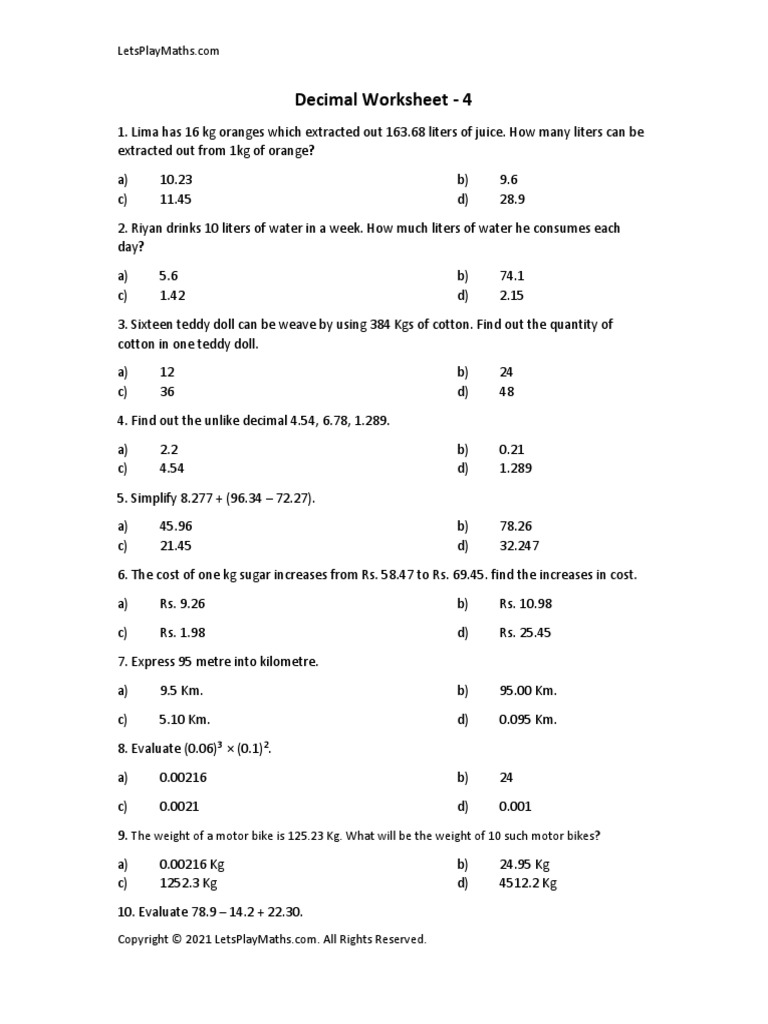 Decimals Worksheet 4 | PDF | Mathematics | Metrology