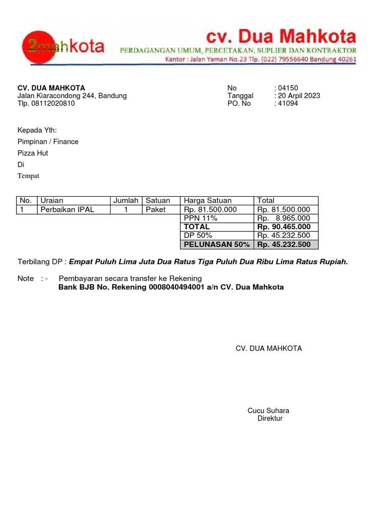 Invoice Pizza Hut DM (Pelunsan) | PDF
