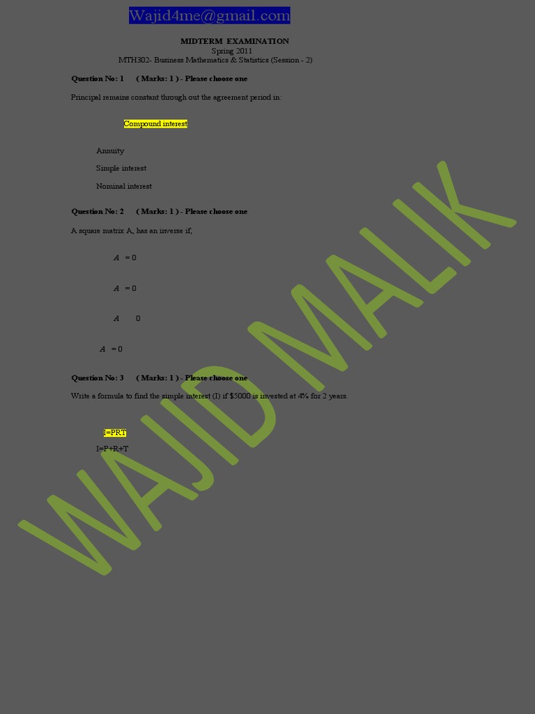 MTH302 Mid 2011 | PDF