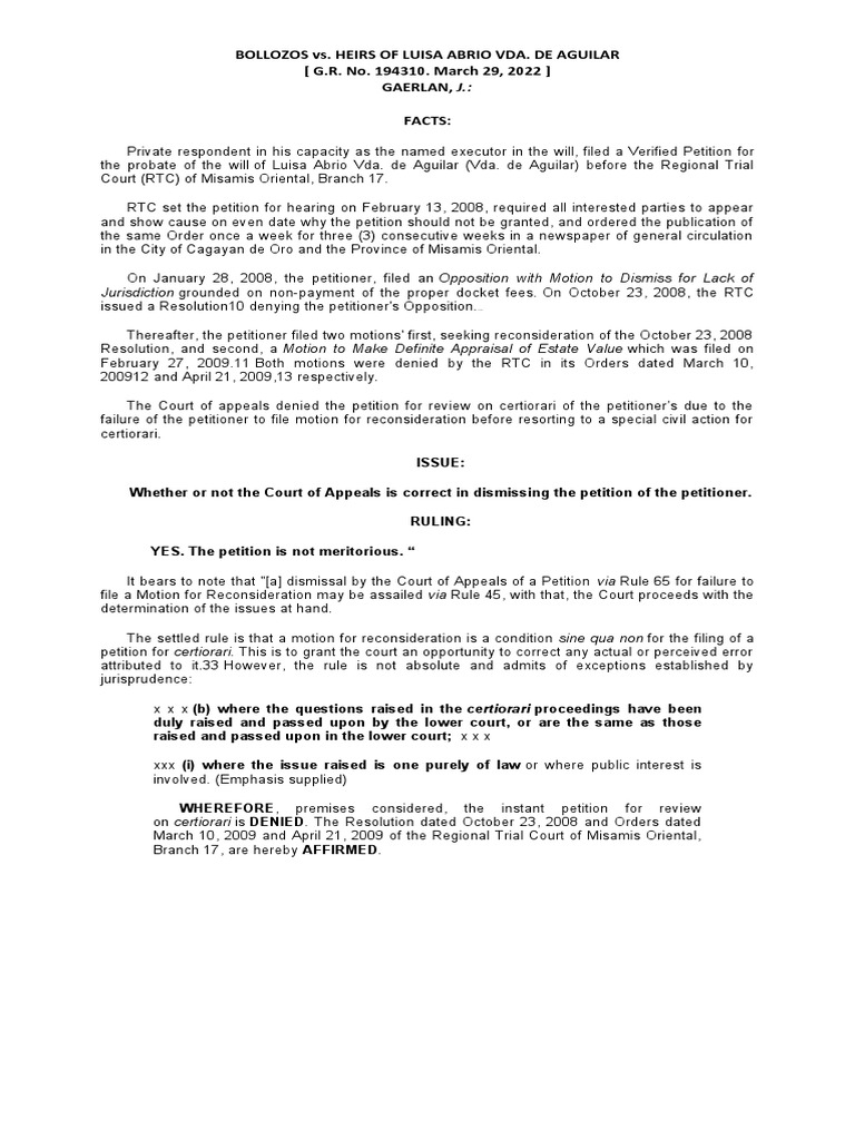 Bollozos vs. Heirs of De Aguilar Case | PDF
