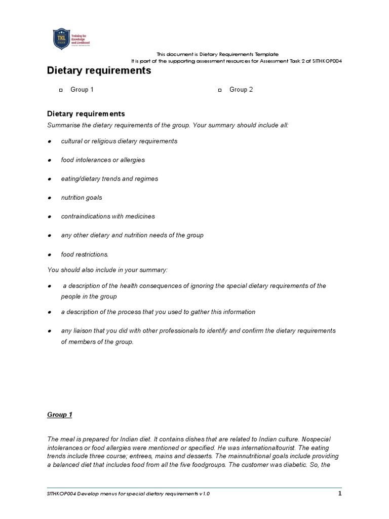 Dietary Requirements Assessment Template | PDF