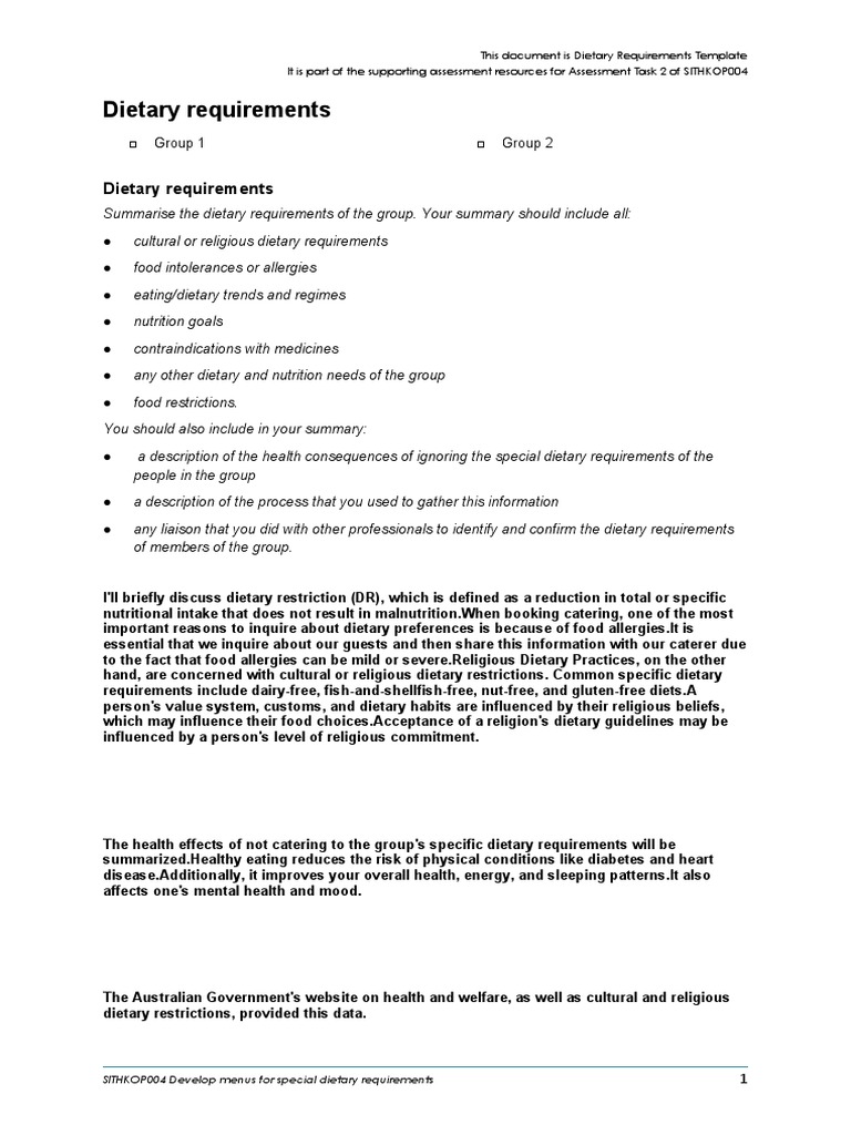 Dietary Requirements Assessment Template | PDF | Diet (Nutrition ...