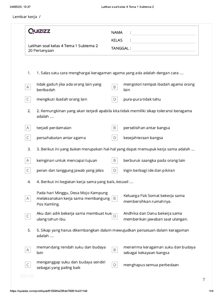Latihan Soal Kelas 4 Tema 1 Subtema 2 NNN | PDF