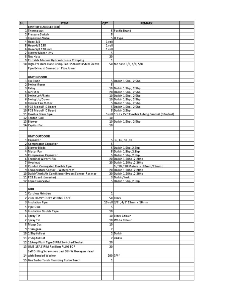 List Barang PTP Air Cond | PDF | Pipe (Fluid Conveyance) | Hose