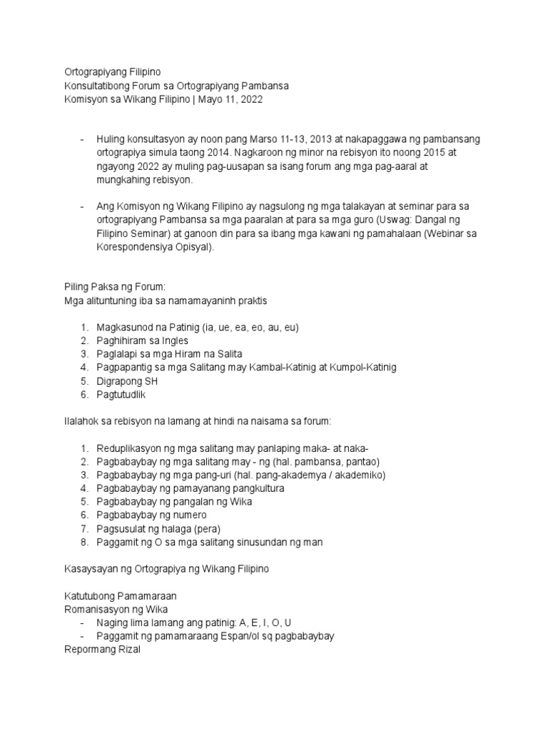 Konsultatibong Forum Sa Ortograpiyang Pambansa - Mayo 11, 2022 | PDF
