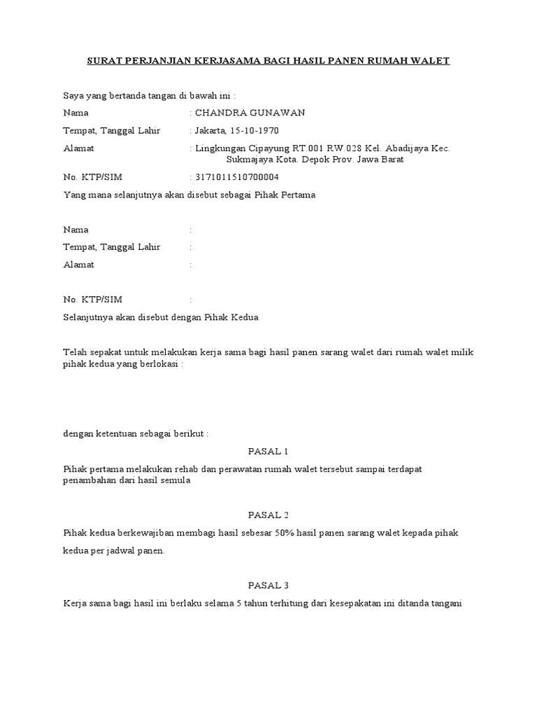 Surat Perjanjian Kerjasama Bagi Hasil RBW 1 | PDF