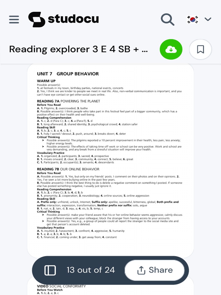 Reading Explorer 3 Unit 7 Answers | PDF | Aggression | Cognitive Science