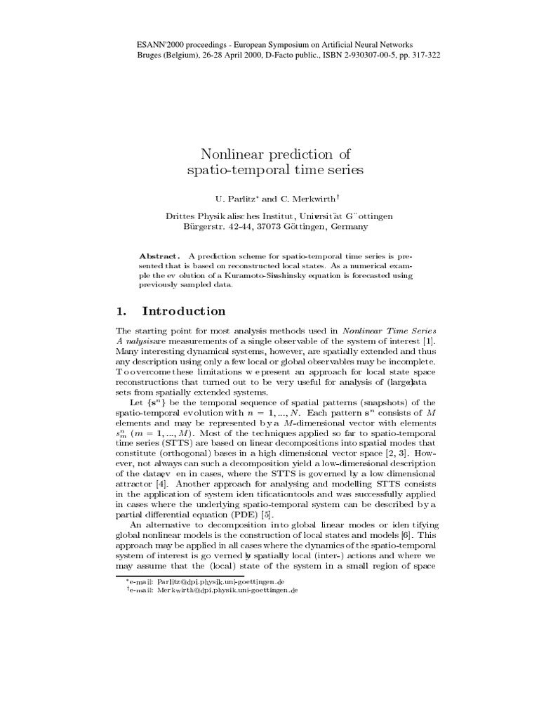 Nonlinear Prediction Of Spatio Temporal Time Series Pdf Time Series