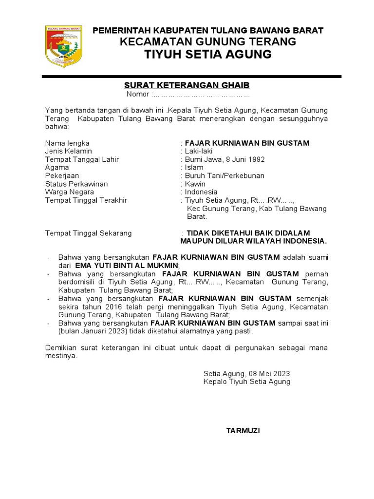 Surat Keterangan Ghoib Fajar Kurniawan | PDF