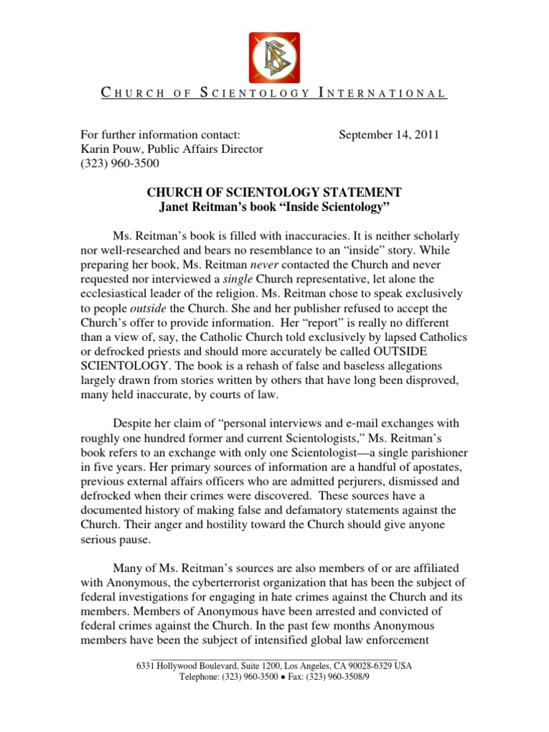 CHURCH OF SCIENTOLOGY STATEMENT Janet Reitman's Book "Inside ...