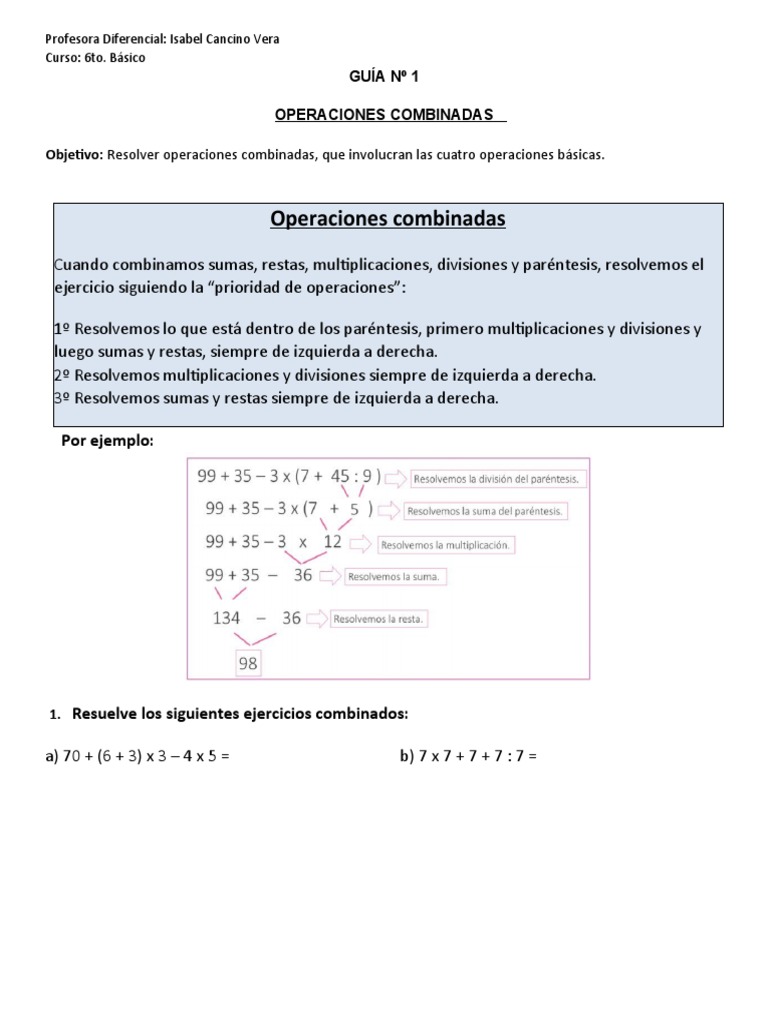 GUÍA 1 Operaciones-combinadas 6to. | PDF
