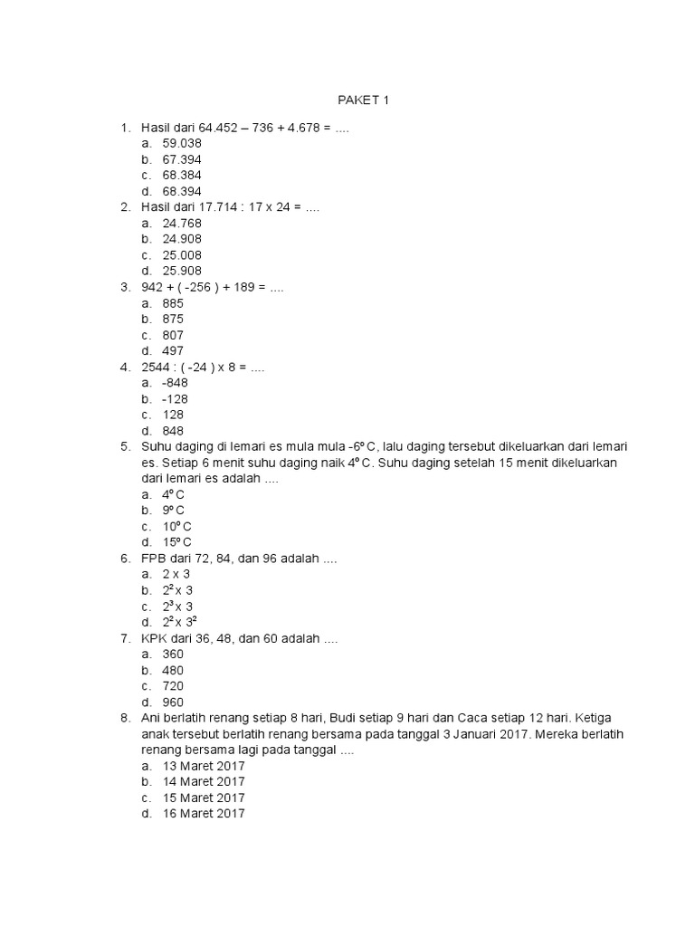 SOAL TO 1 MTK No 1 - 9 | PDF