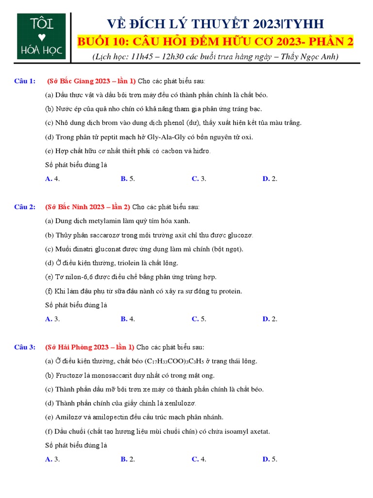 Buổi 10 - Câu Hỏi Đếm Hữu Cơ 2023 (Vip2) - File Đề | PDF