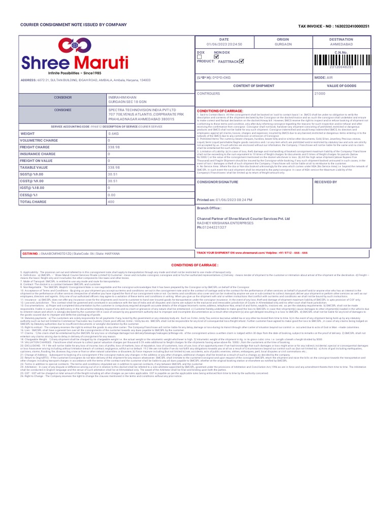 Courier Consignment Note Details | PDF
