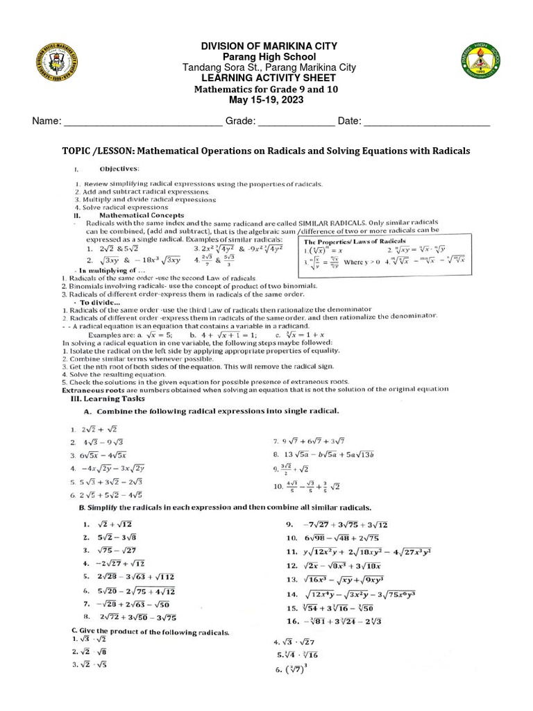 Grade 9 10 Mathematics LAS for TOFAS RemediationMathematical Operations ...