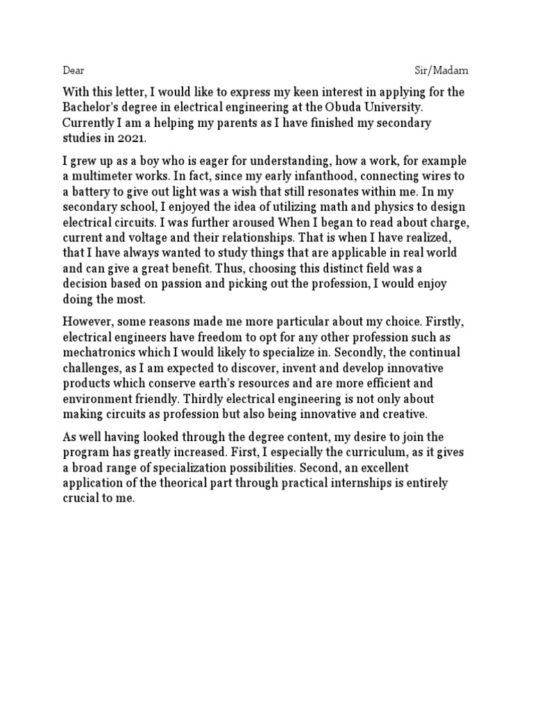 Motivation Letter Electrical Engineering | PDF