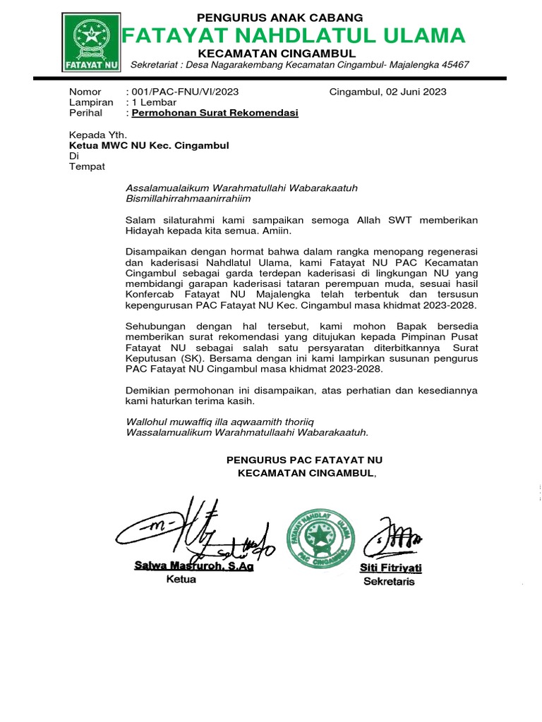 Struktur Pengurus Fatayat NU Cingambul | PDF