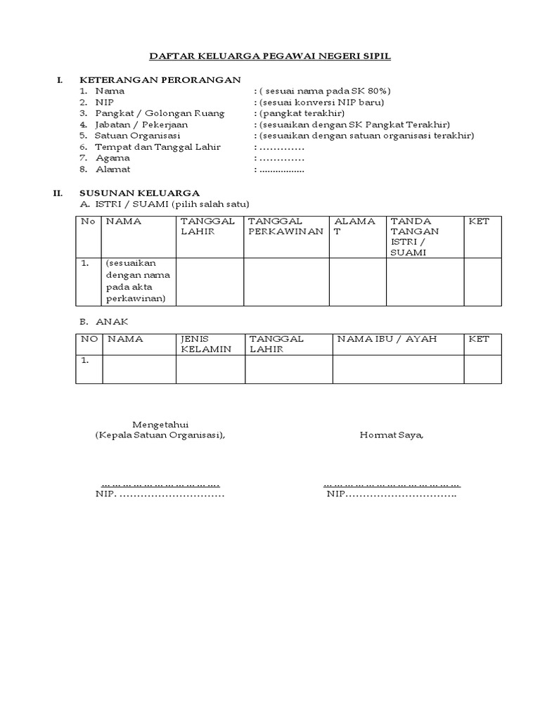 Formulir Data Keluarga PNS | PDF