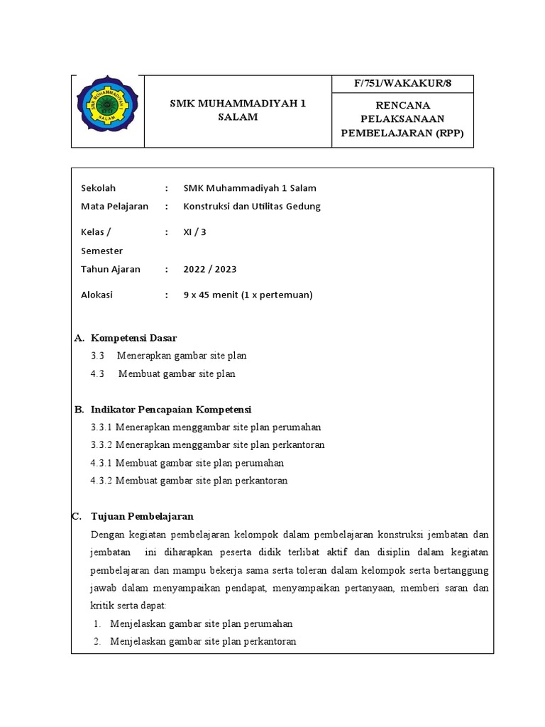 XI DPIB - RPP KUG 3.3 Menerapkan Gambar Site Plan | PDF