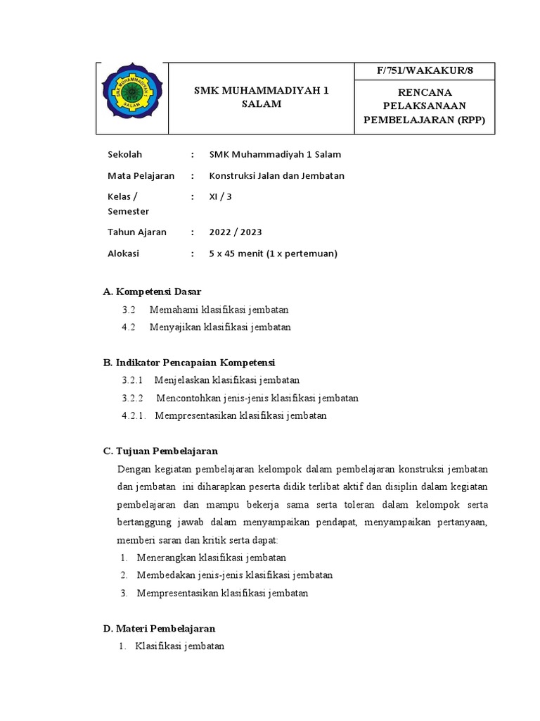 XI DPIB - RPP KJJ XI DPIB 2022 - 3.2 Memahami Klasifikasi Jembatan | PDF