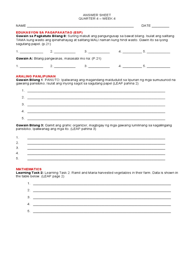 Answer Sheet WQ4-W4&5 | PDF