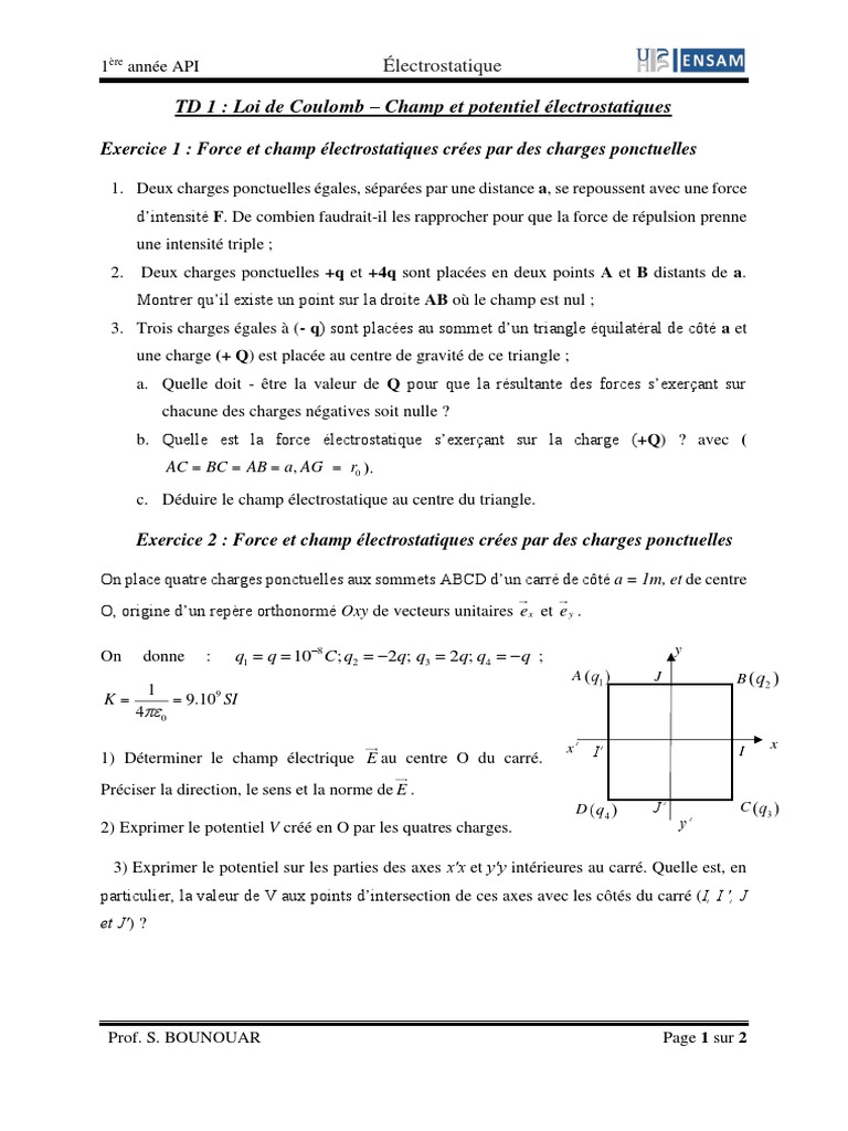 TD- Loi de Coulomb – Champ Et Potentiel Électrostatiques | PDF | Électrostatique | Sciences ...