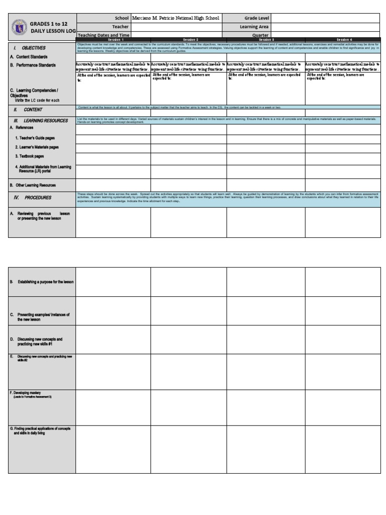 GRADES 1 To 12 Daily Lesson Log | Download Free PDF | Learning ...