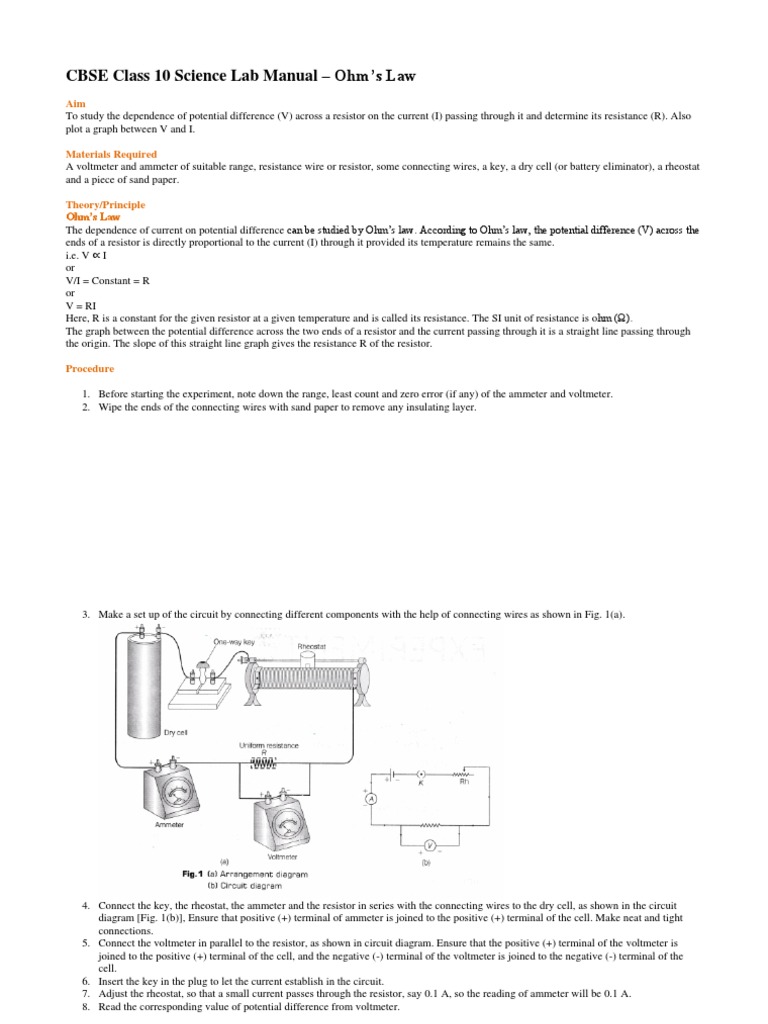 CBSE Class 10 Science Lab Manual - Ohms Law | PDF