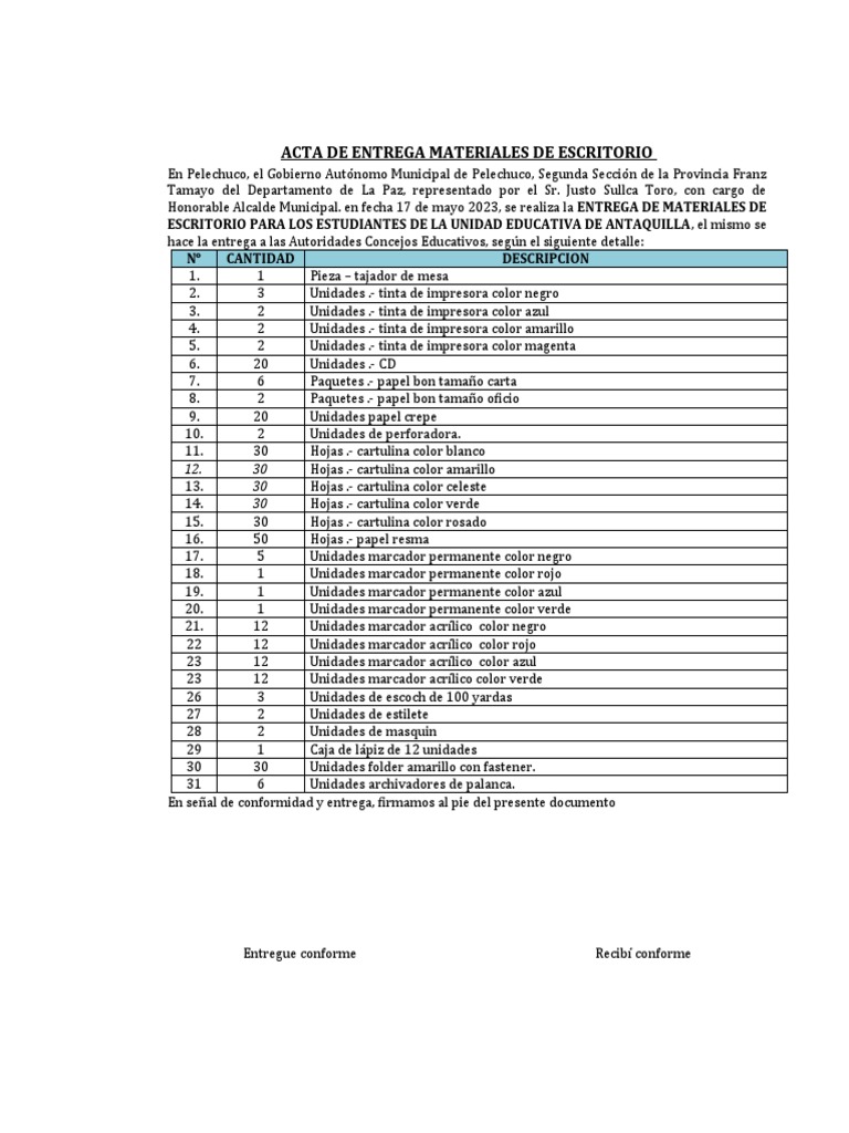 ACTA DE ENTREGA MATERIALES DE ESCRITORIO 2023 11 | PDF