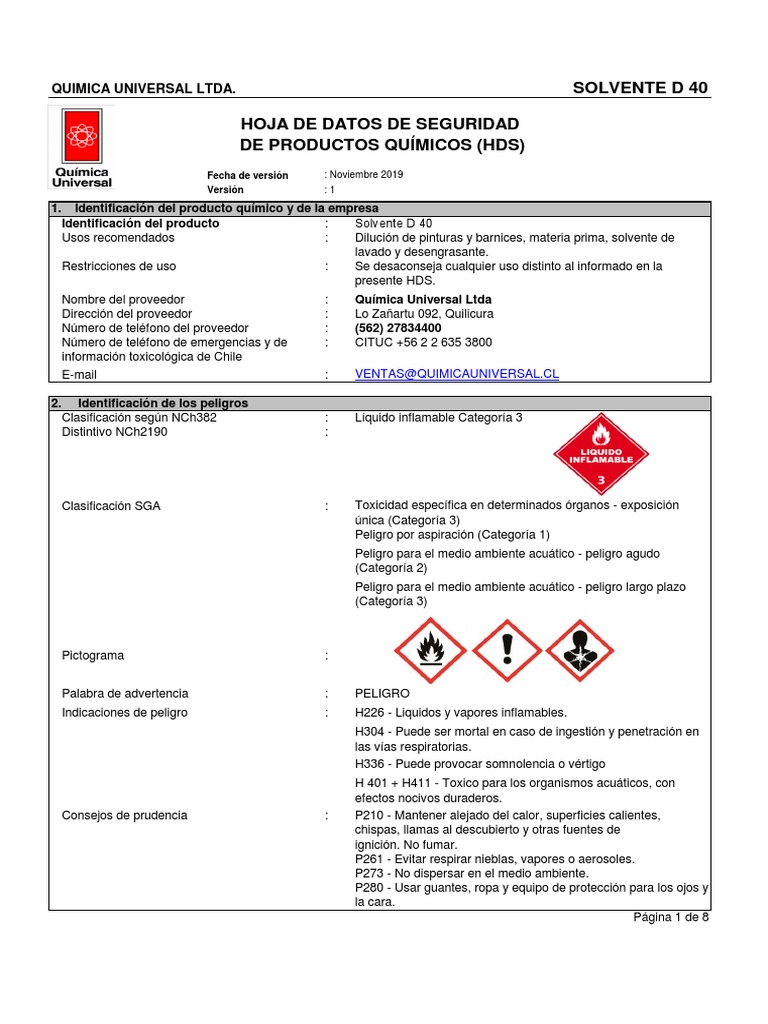 HDS Solvente D 40: Seguridad y Uso | PDF | Agua | Residuos